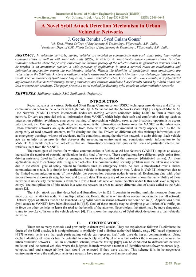 A Novel Sybil Attack Detection Mechanism in Urban Vehicular Networks | PDF