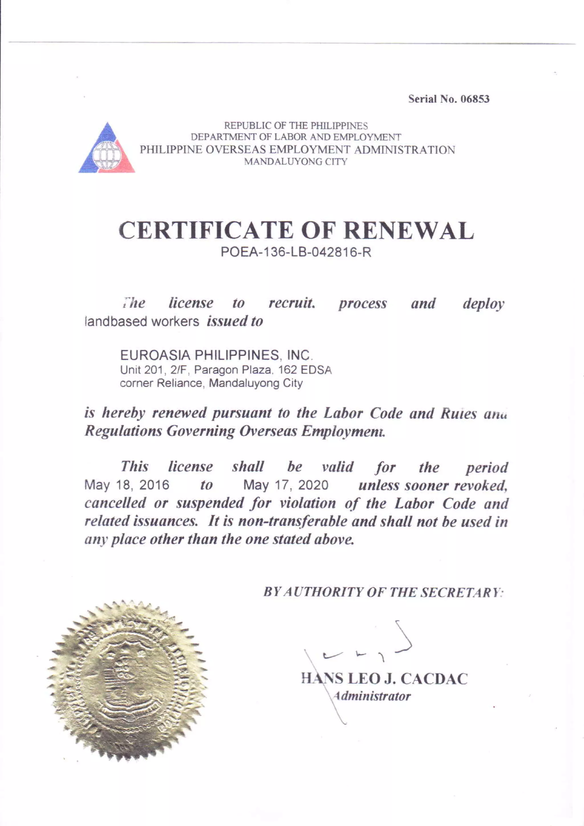 EPI_POEA License Certificate of Renewal from 2016 to 2020 | PDF | Law
