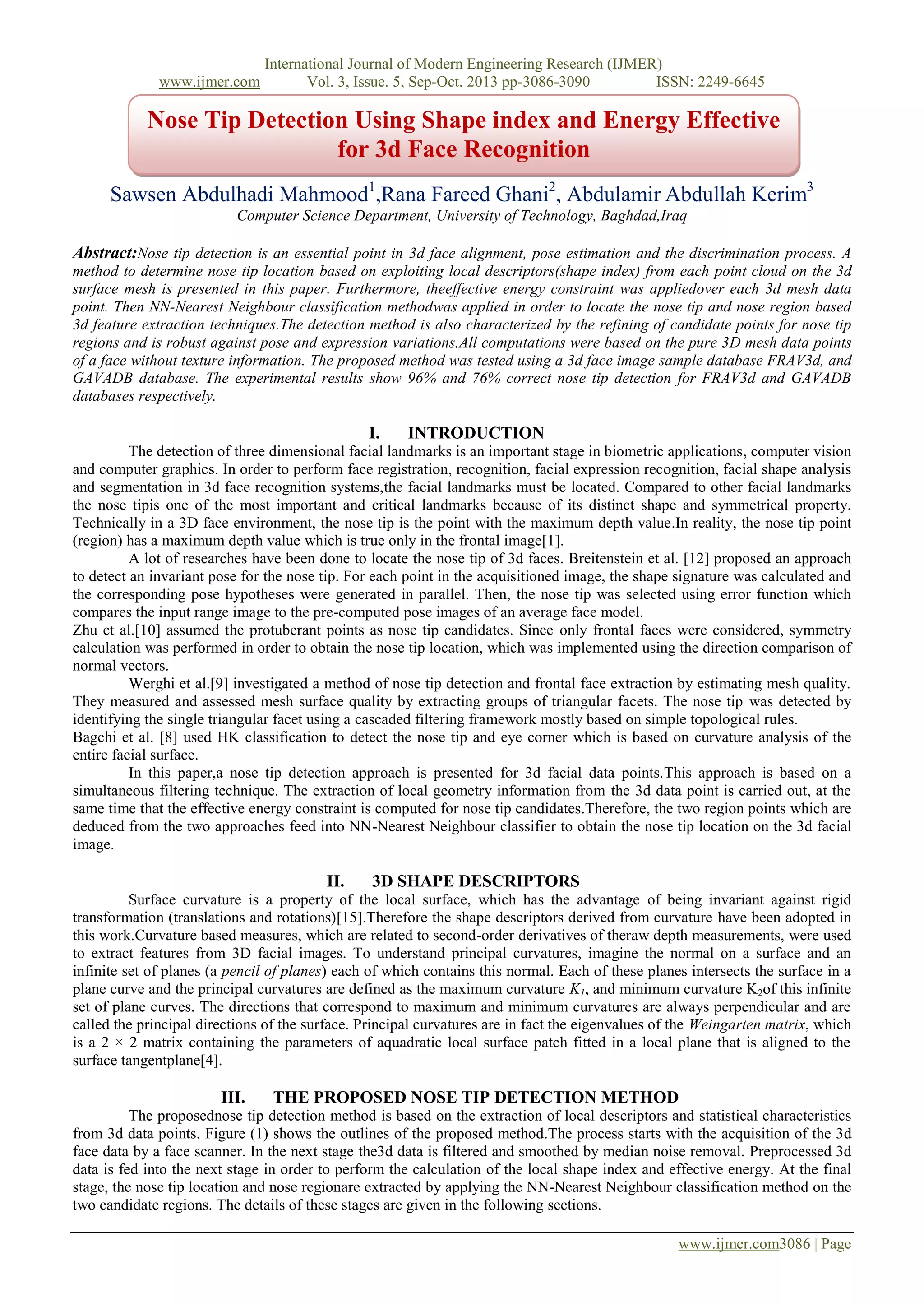 Nose Tip Detection Using Shape index and Energy Effective for 3d Face Recognition | PDF