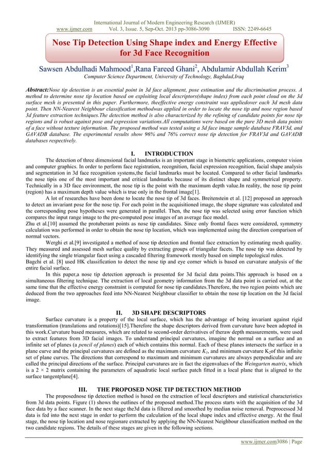 Nose Tip Detection Using Shape index and Energy Effective for 3d Face Recognition | PDF