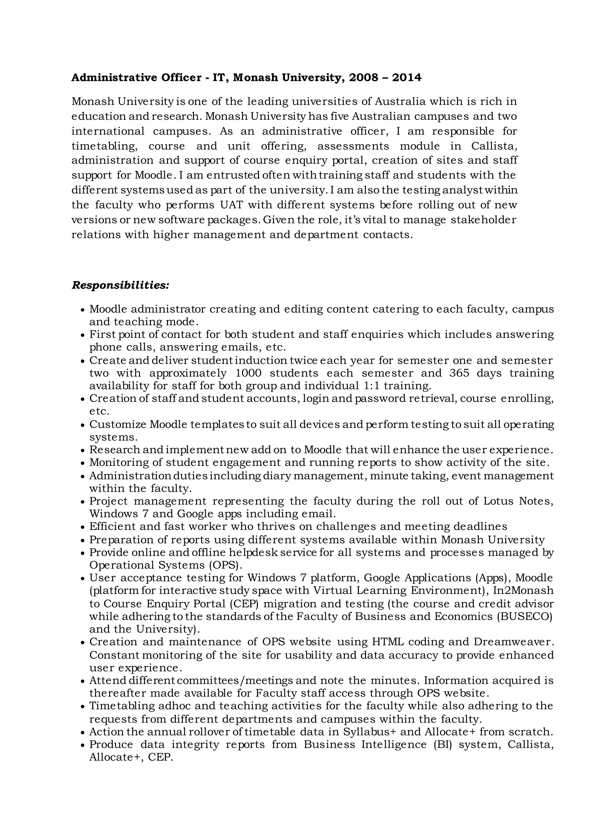 (Monash University) Administrative Officer - IT | DOCX
