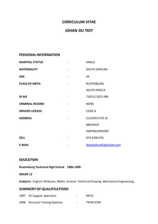 johan-du-toit-cv-1 | DOCX | Fitness and Exercise | Healthy Living
