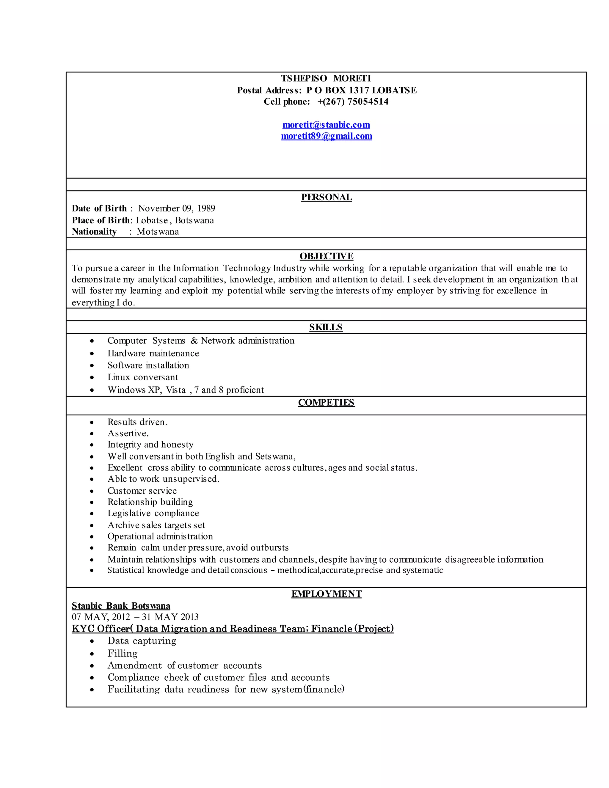 TSHEPISO MORETI CV | DOCX | Business Banking & Finance | Business