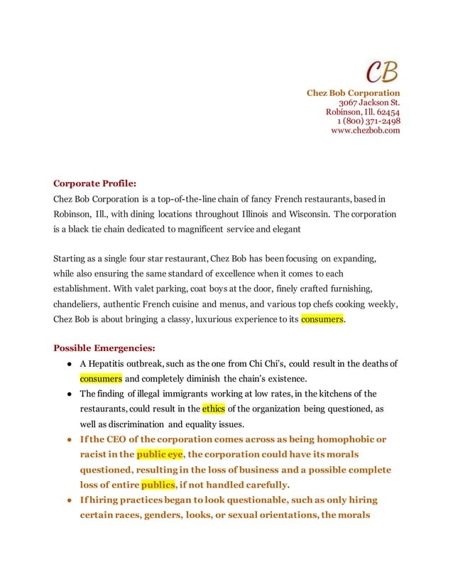 Crisis Management - Chez Bob | PDF