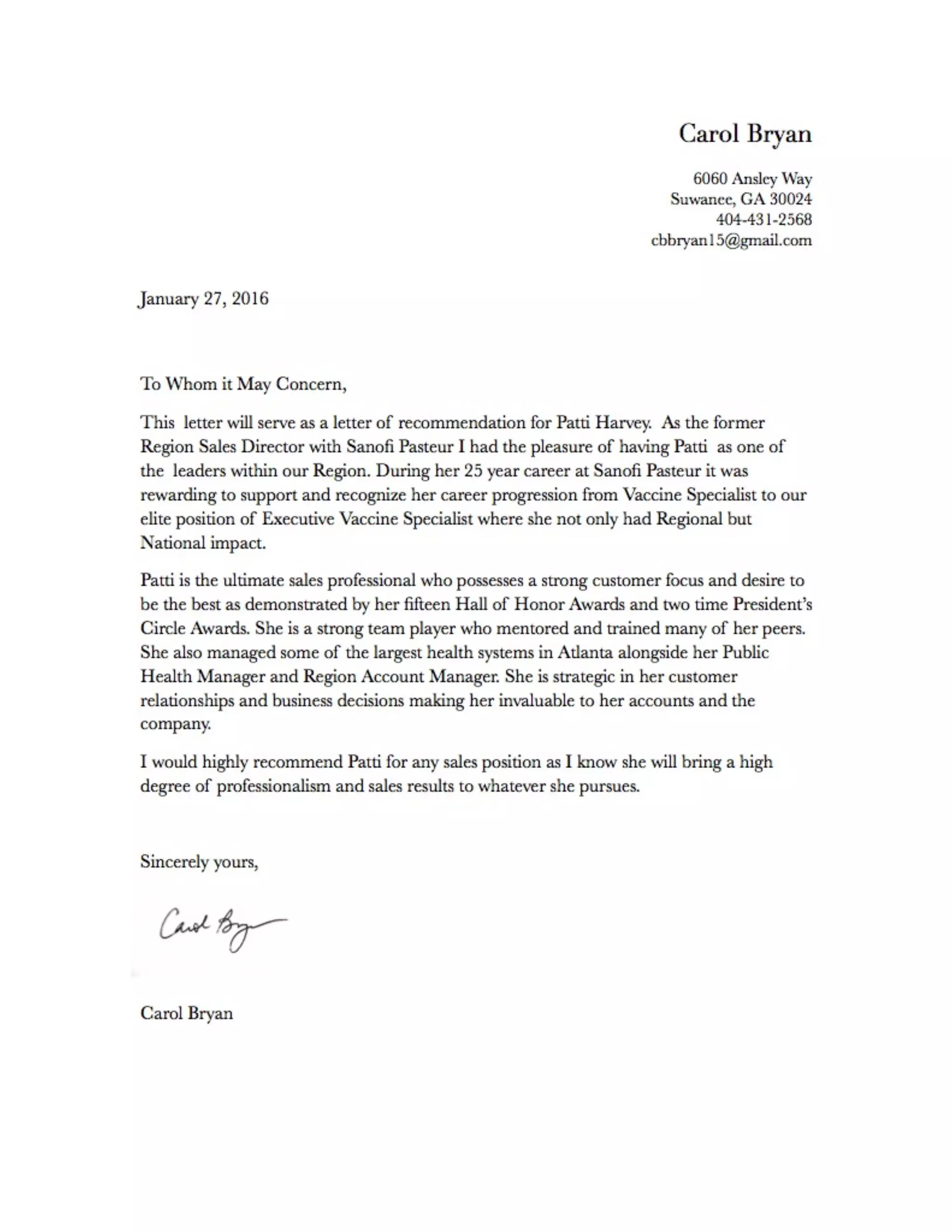 Patricia Harvey Reference Letter by Carol Bryan, RM | PDF