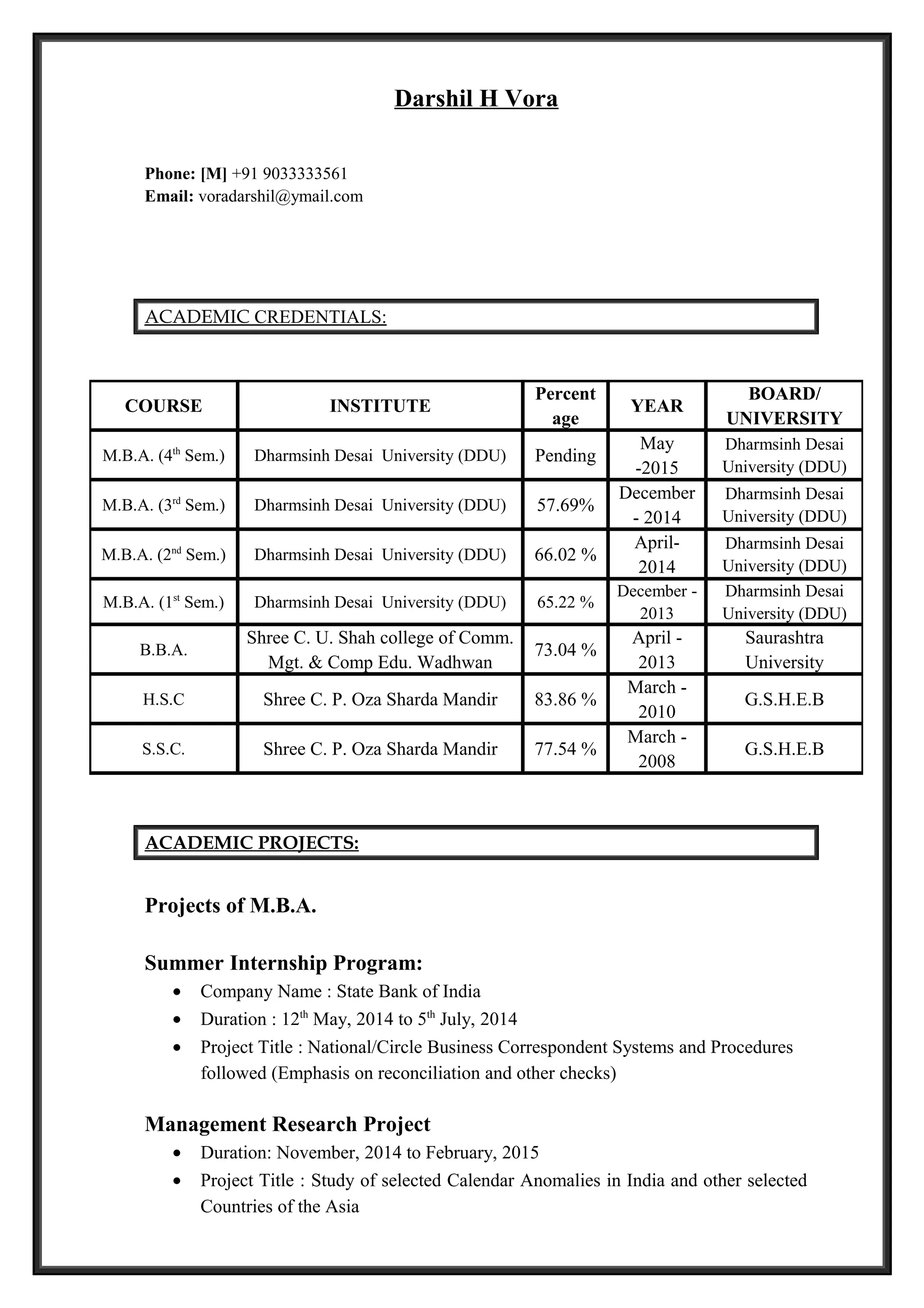 Darshil Vora_resume | DOC | Education industry | Industries