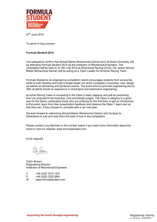 Team Confirmation Letter - Ahmad Maher - Copy | PDF | Auto Racing | Sports
