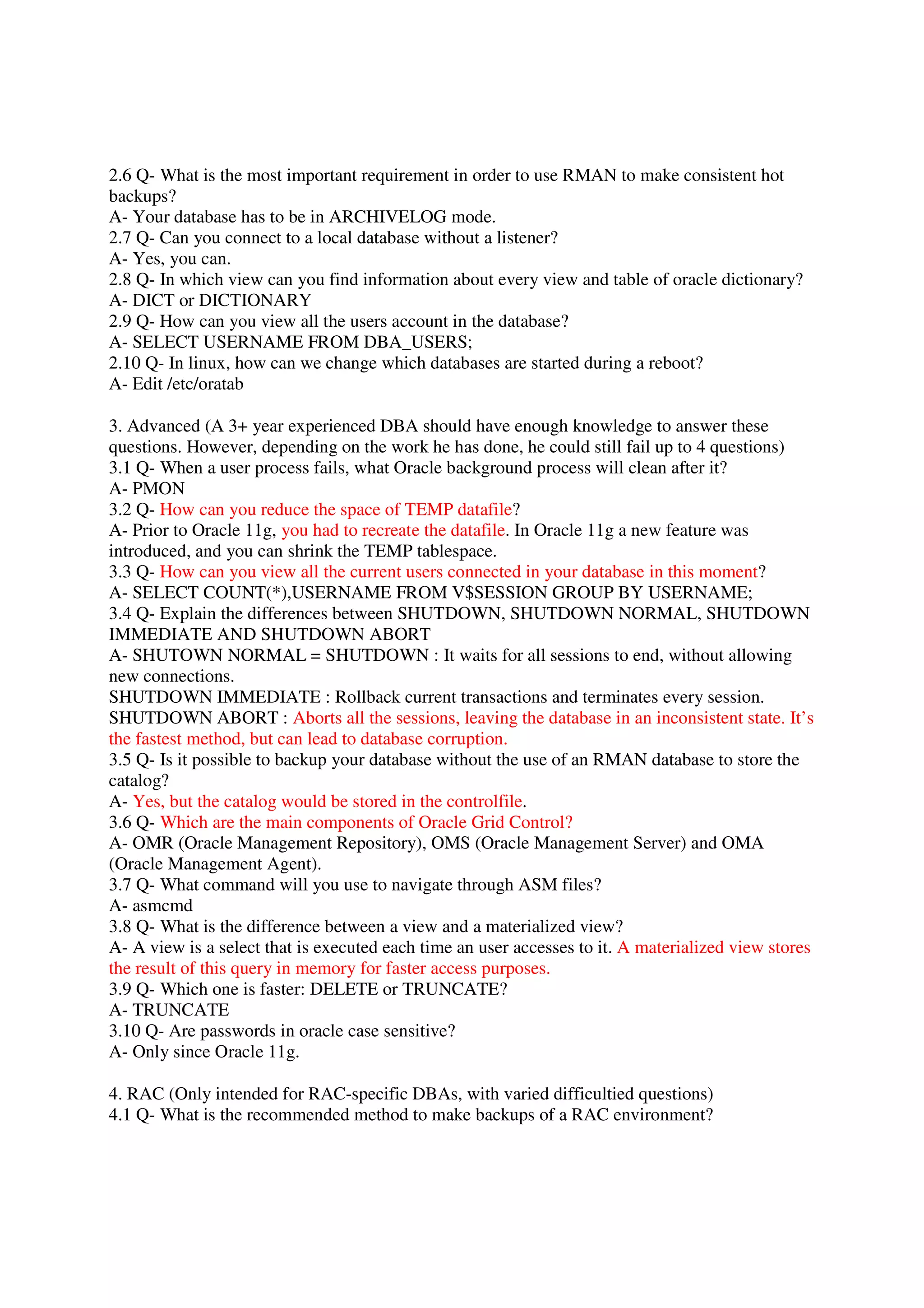 DBA 3 year Interview Questions | PDF