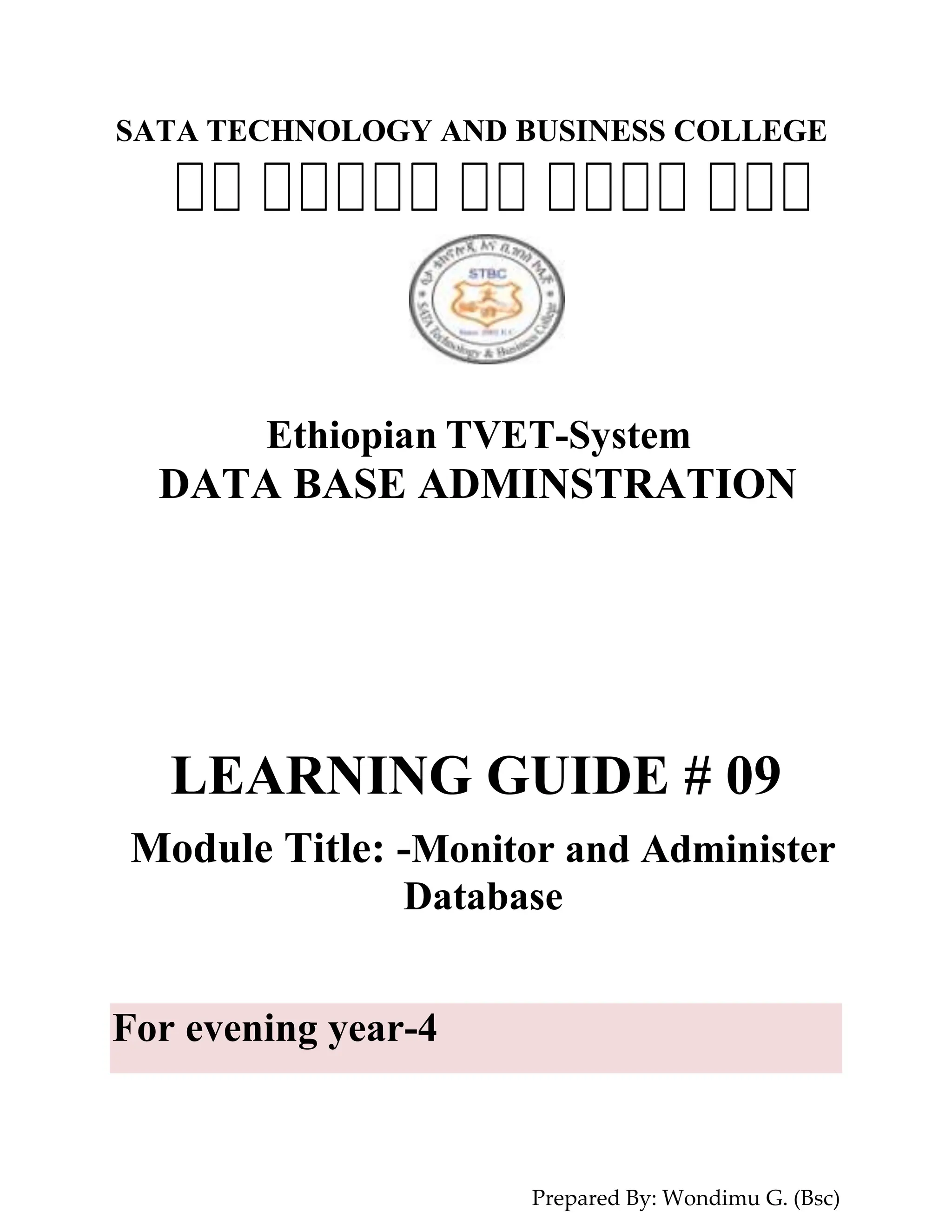DBA, LEVEL III TTLM Monitoring and Administering Database.docx
