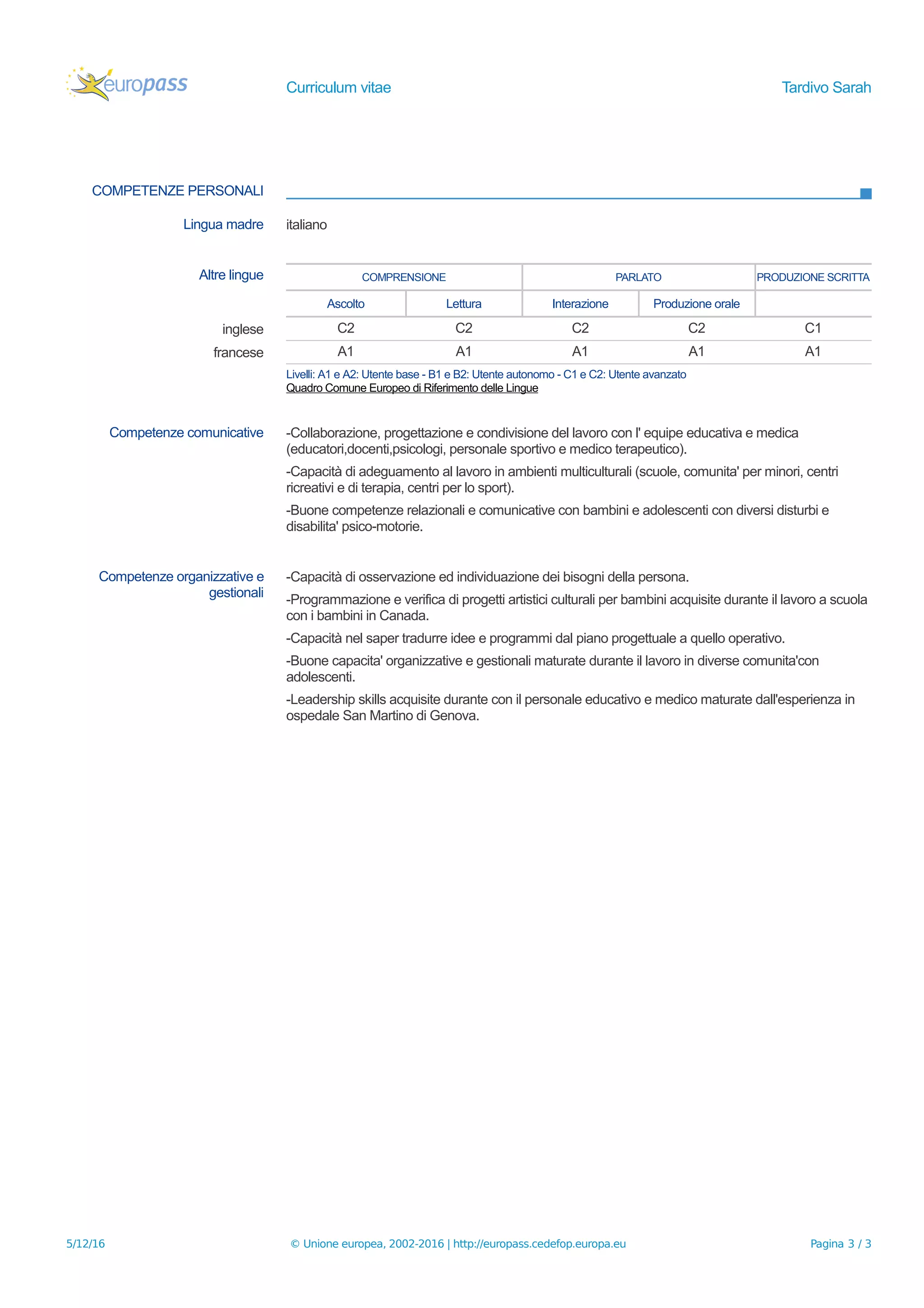 Curriculum Sarah Tardivo | PDF