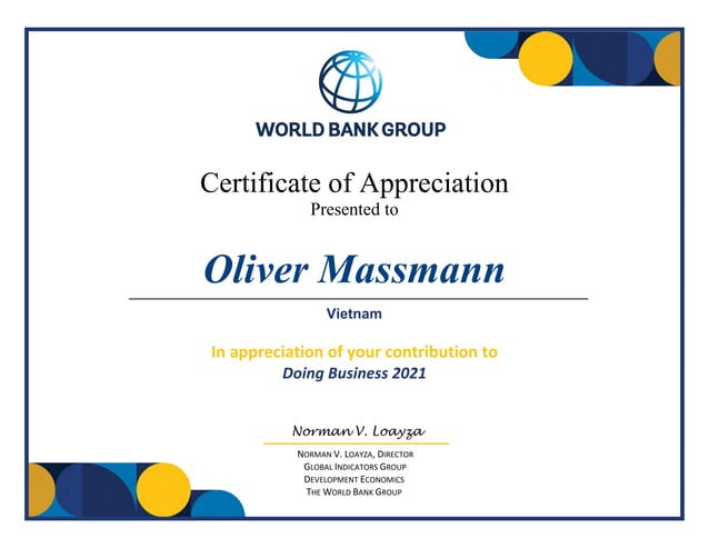 VIETNAM-THE WORLD BANK AWARDED LAWYER IN VIETNAM DR. OLIVER MASSMANN THIS CERTIFICATE OF ...