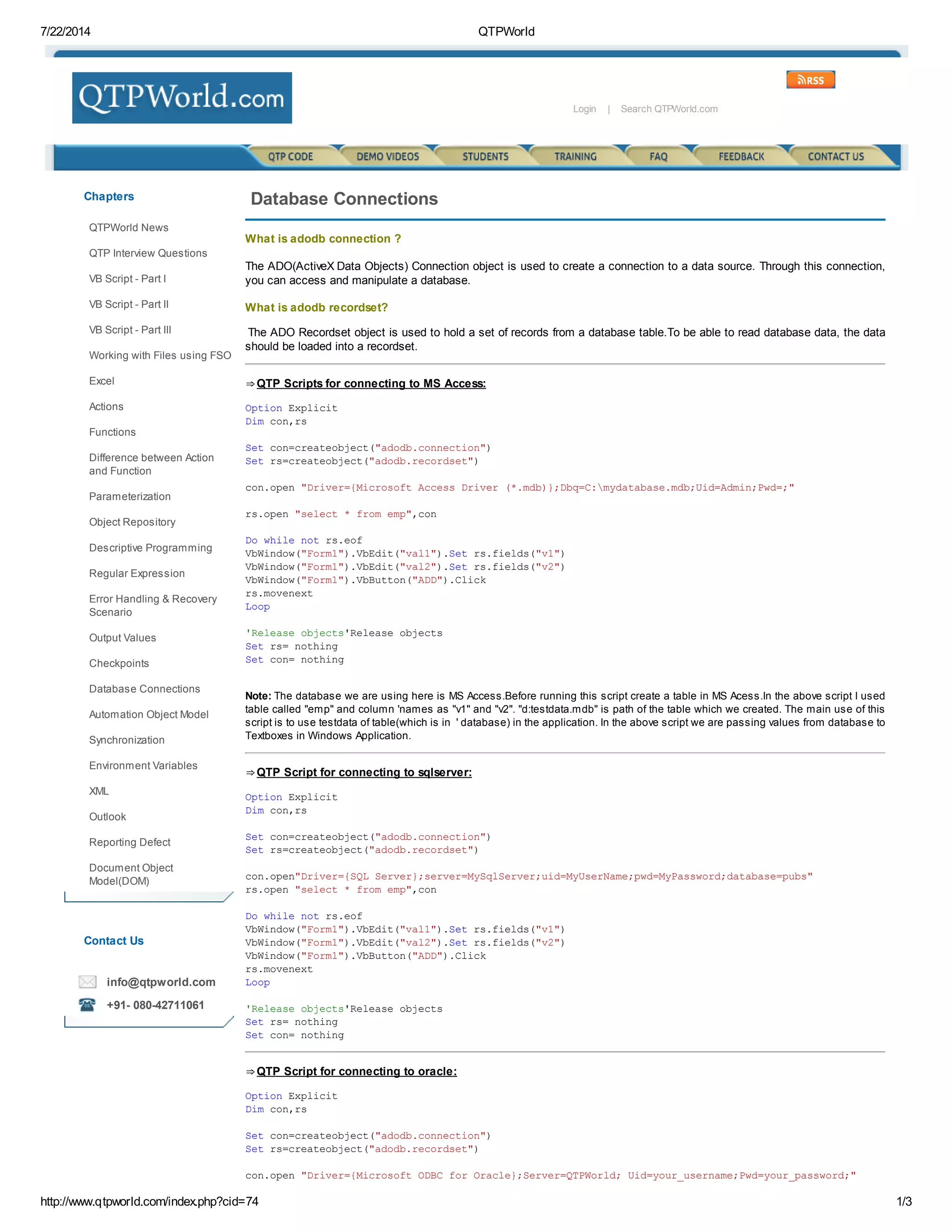 Db connection to qtp | PDF