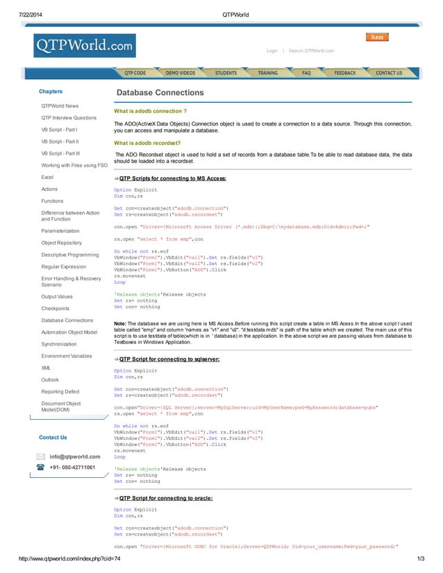Db connection to qtp | PDF