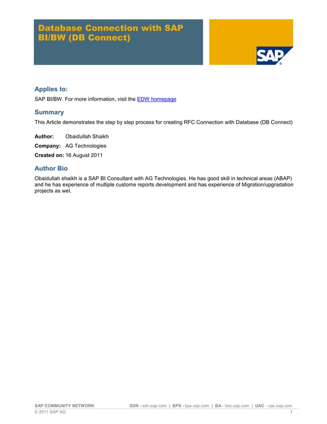 Db connect with sap bw | PDF | Databases | Computer Software and Applications