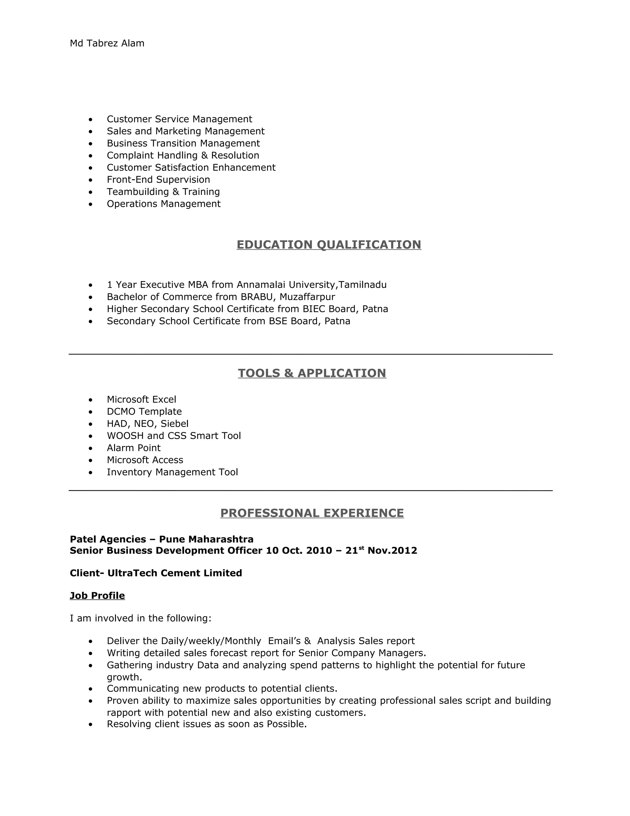 Tabrez Alam Resume for Sales&marketing | DOC