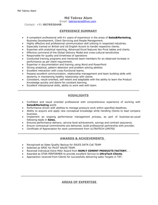 Tabrez Alam Resume for Sales&marketing | DOC