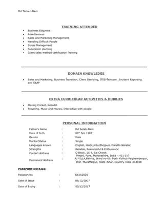 Tabrez Alam Resume for Sales&marketing | DOC