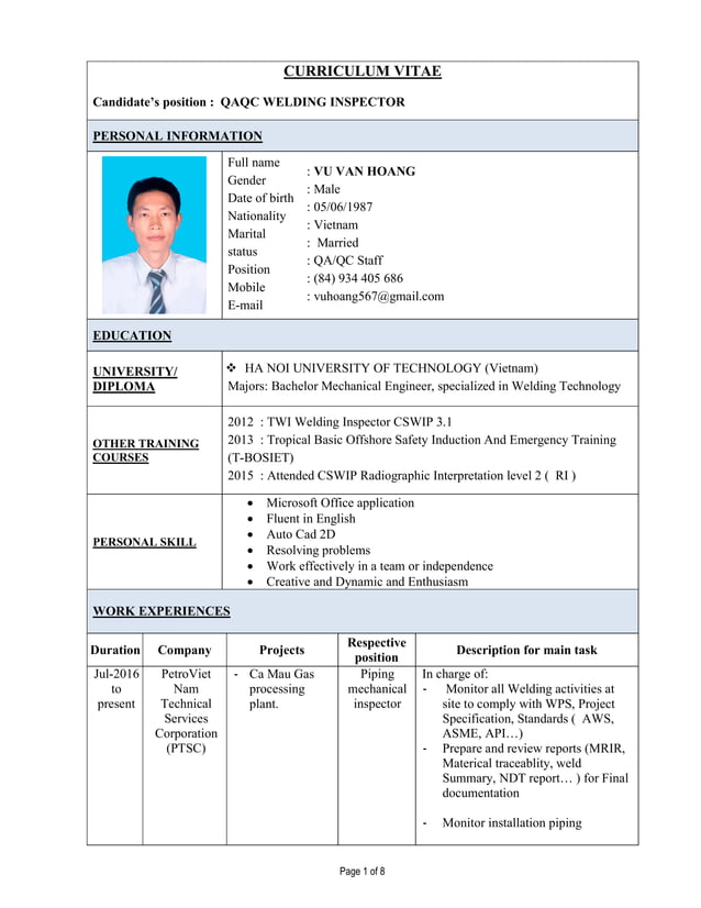 CV- Vu Van Hoang-2017-QAQC | PDF | Business | Business and Finance
