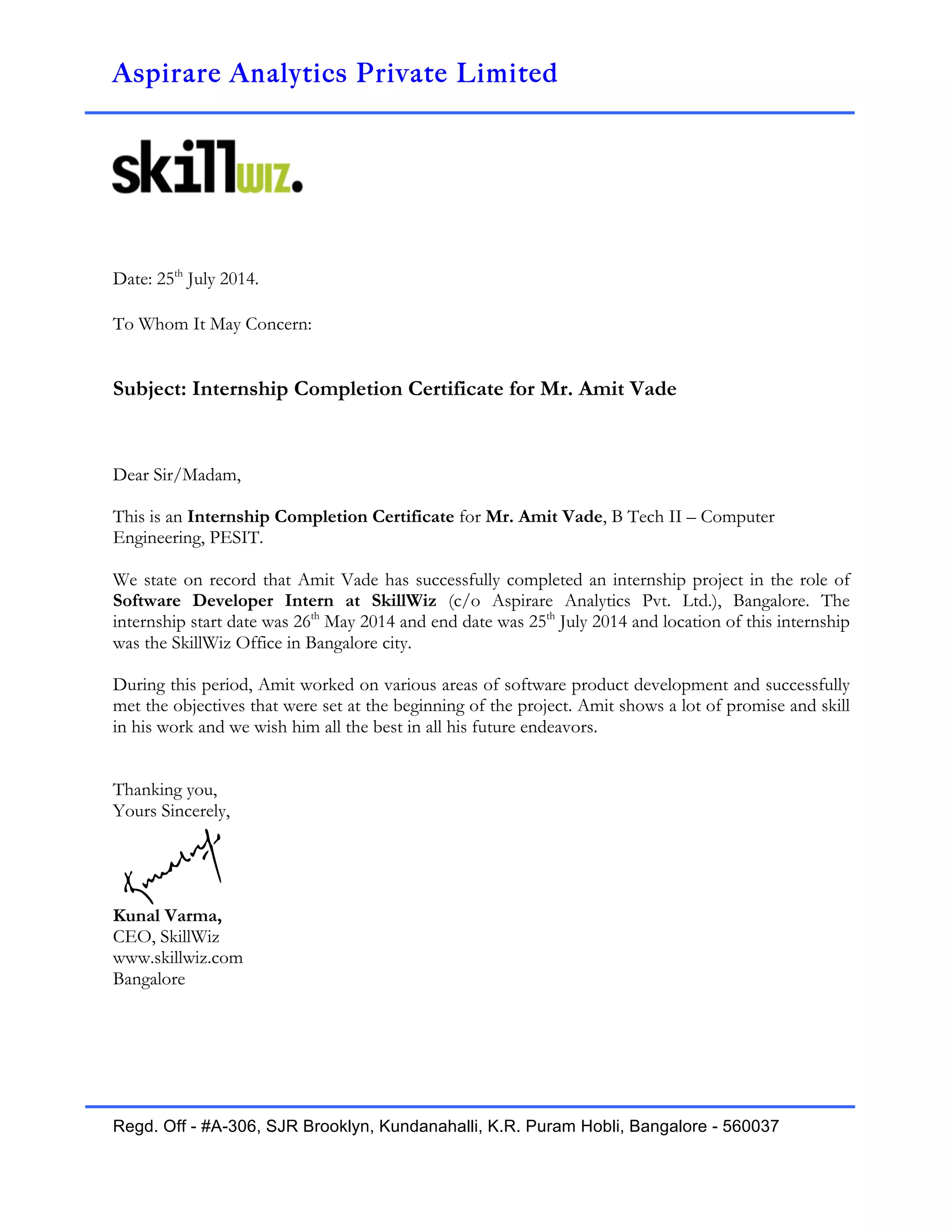 Internship Completion Certificate Amit Vade | PDF