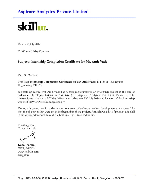 Internship Completion Certificate Amit Vade | PDF