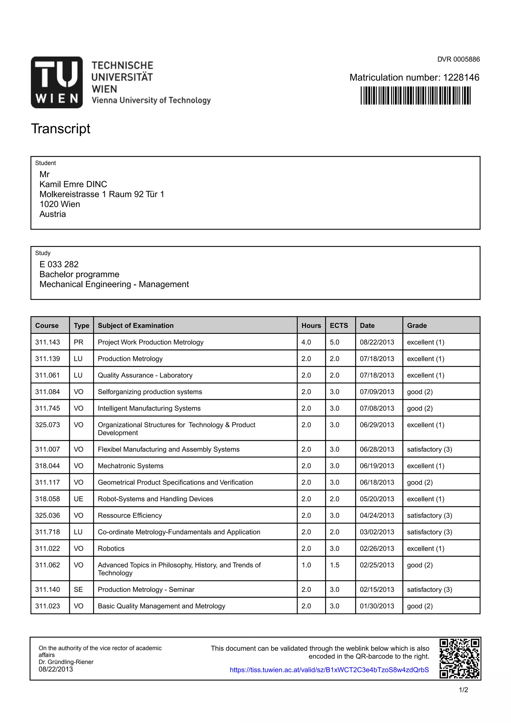 TU Wien - Transcript | PDF