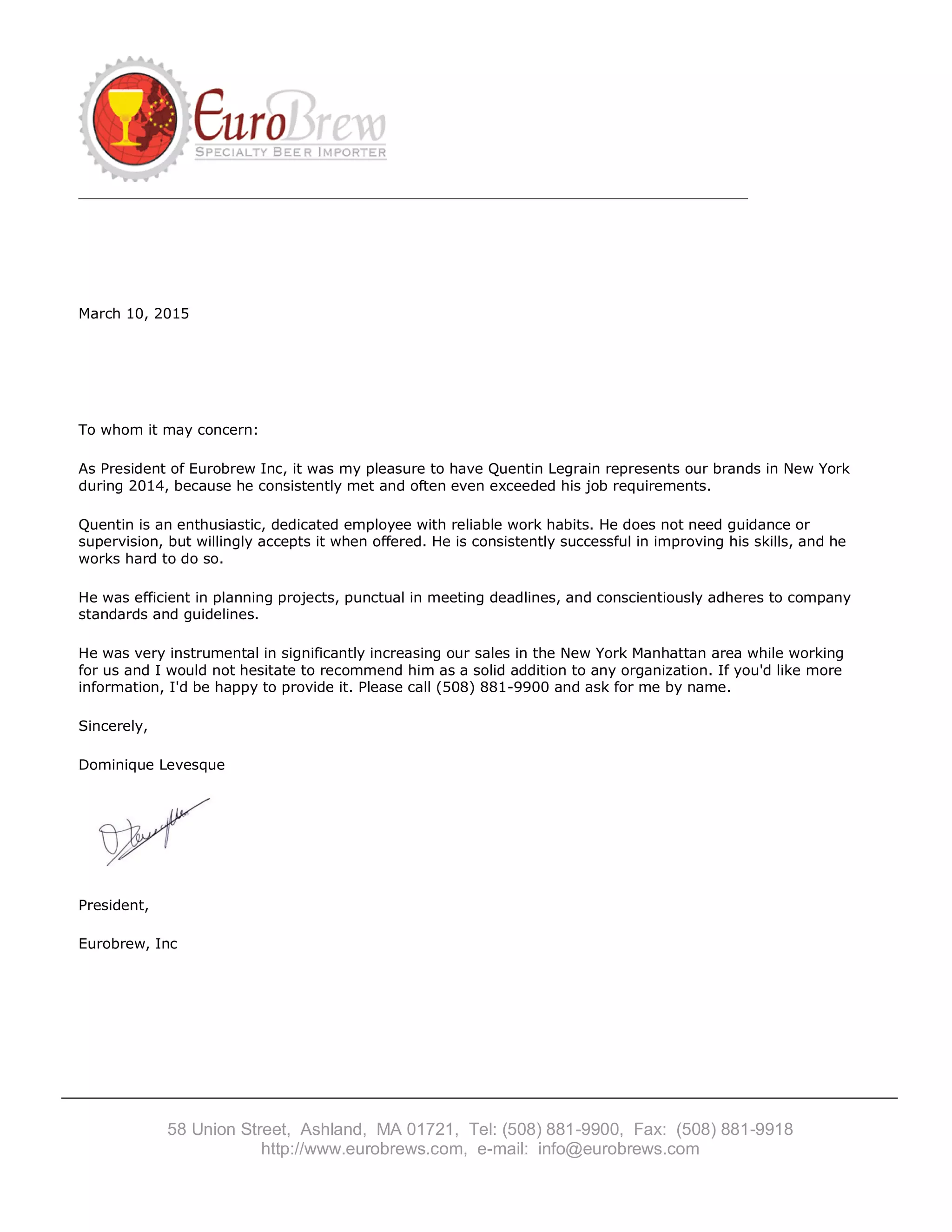 Quentin Legrain Recommendation Letter | PDF