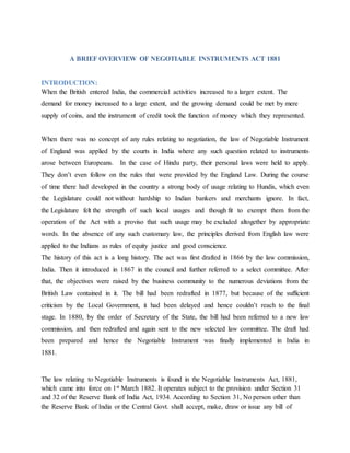 A BRIEF OVERVIEW OF NEGOTIABLE INSTRUMENTS ACT 1881 | PDF
