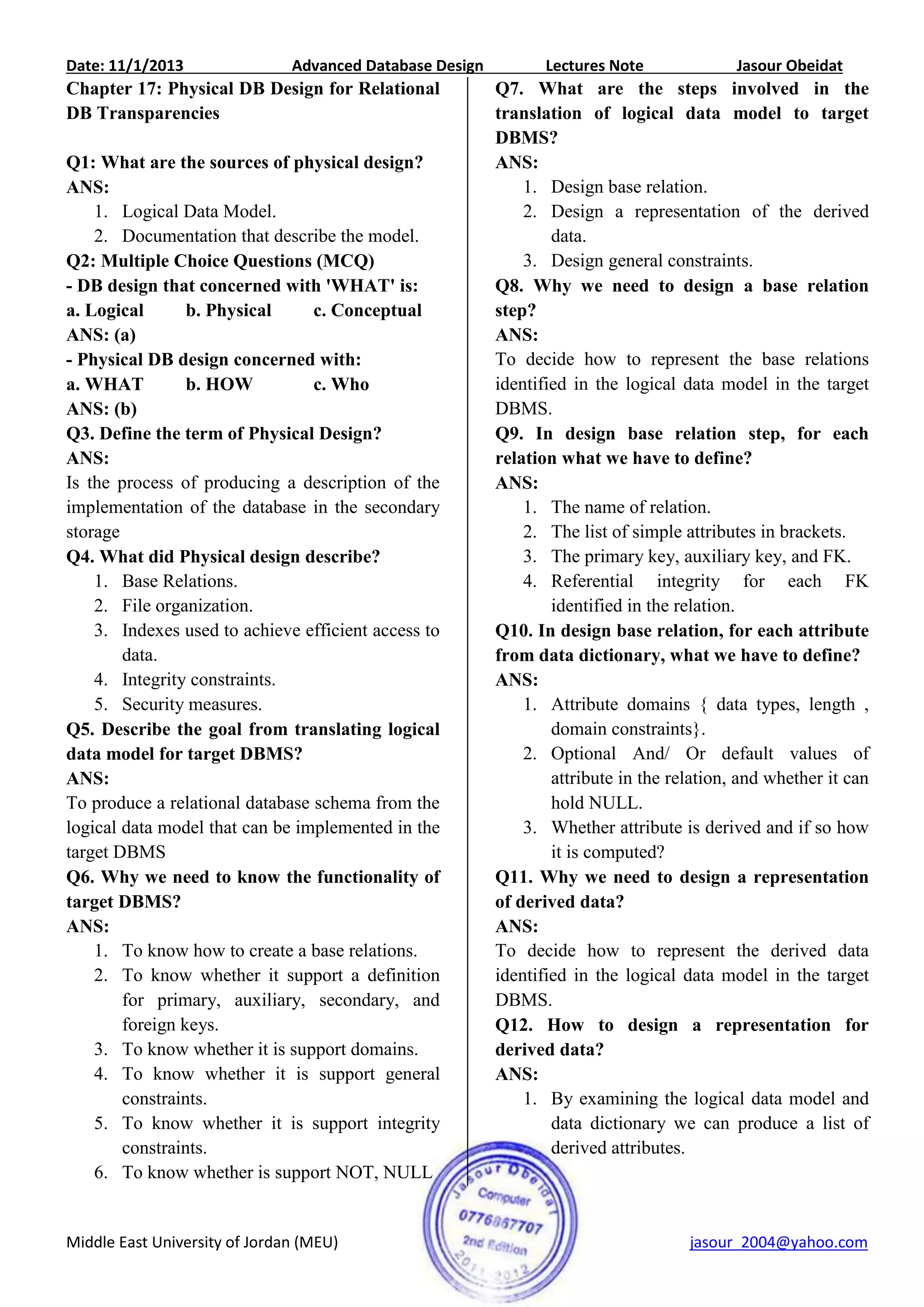 Advanced Database Lecture Notes Pdf Databases Computer Software And Applications