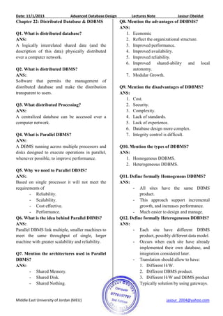 Advanced Database Lecture Notes | PDF