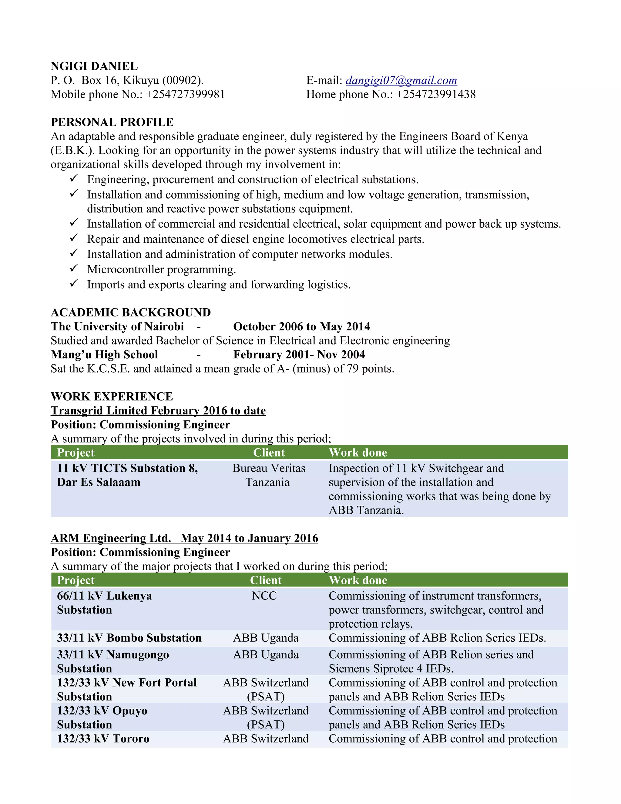 Ngigi Daniel resume | DOC