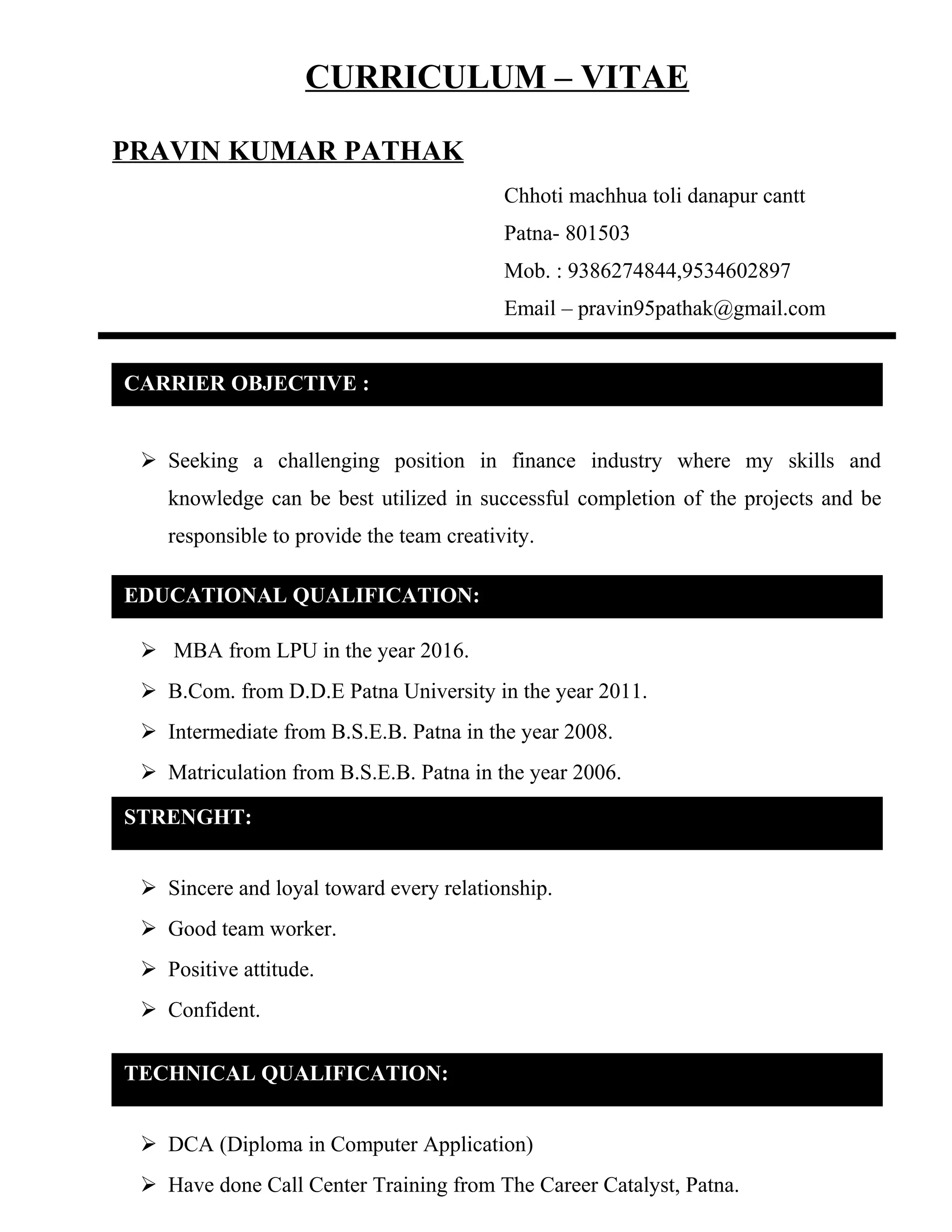 pravin new resume 2016 | DOC | Education