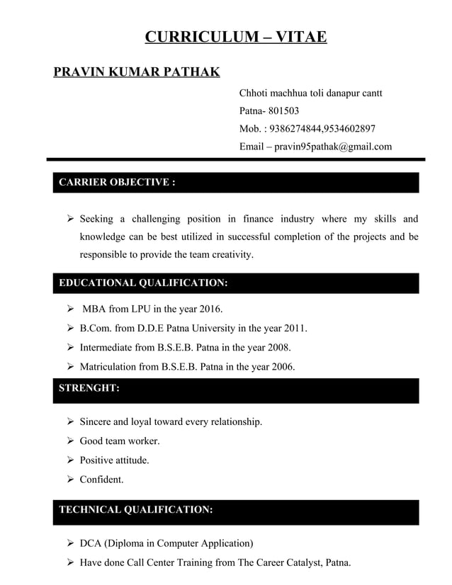 pravin new resume 2016 | DOC | Education