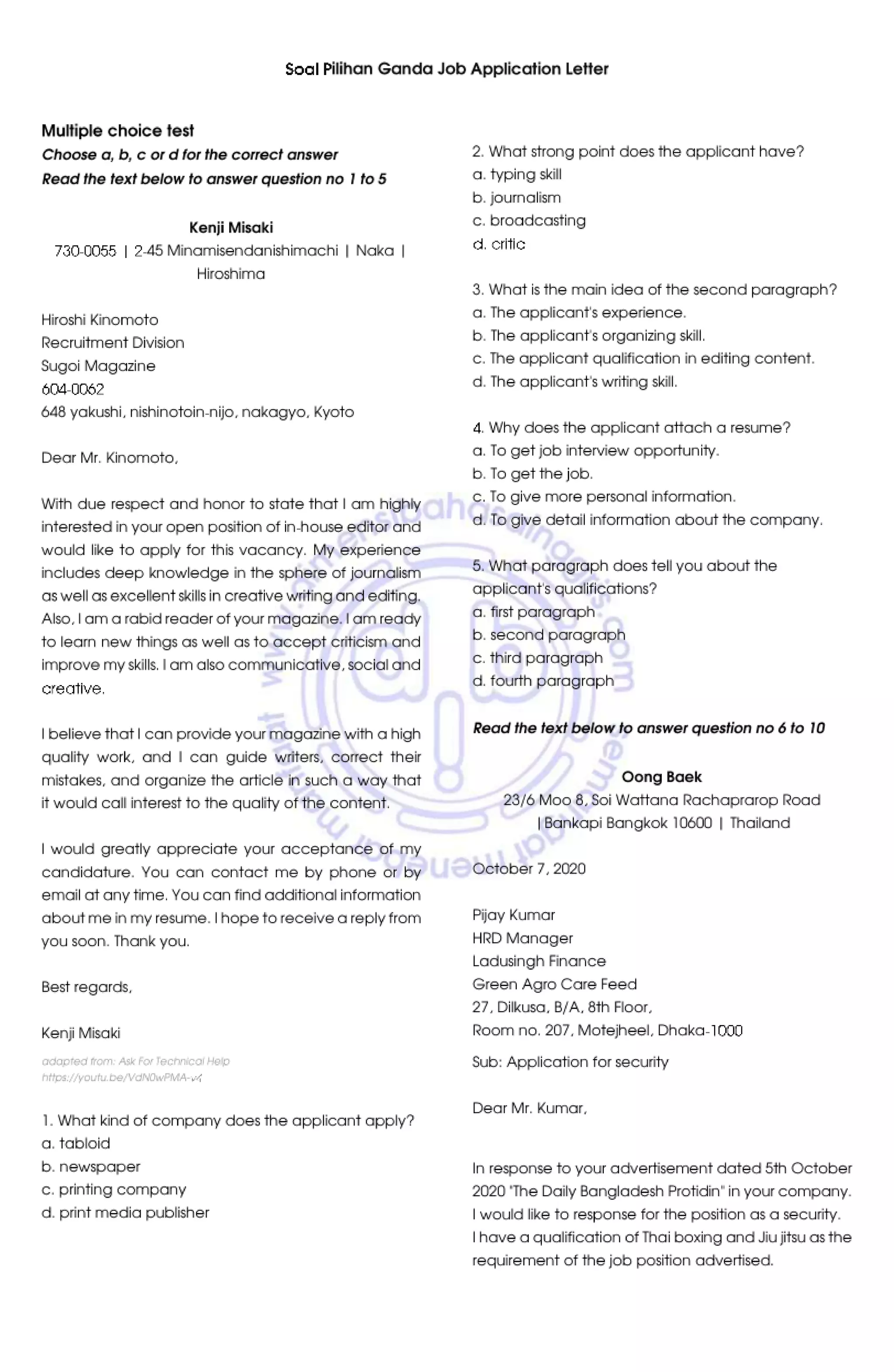 DBI - Soal Pilihan Ganda Job Application Letter.docx | Free Download