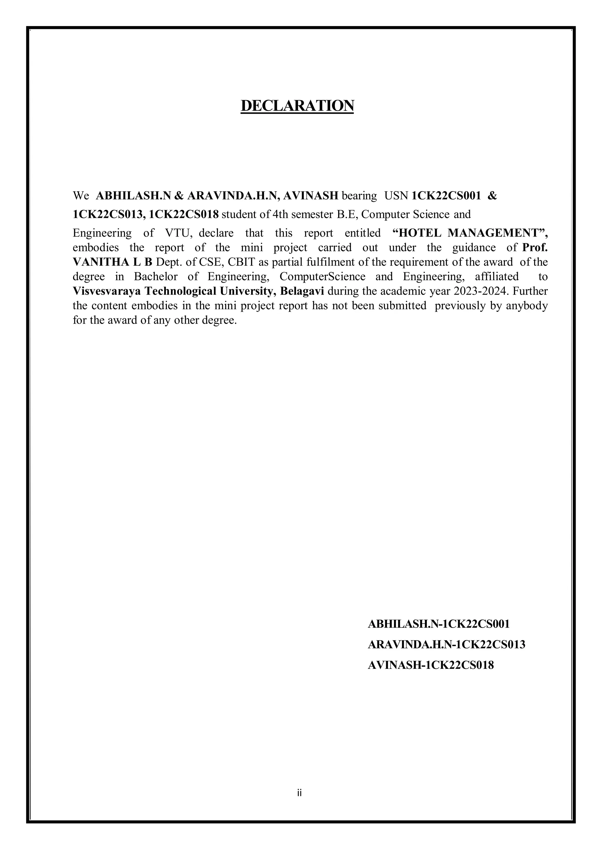 Hotel management system in a DBMS project | PDF