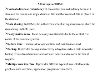 DBMS. Advantage of Data base management systems | PPTX