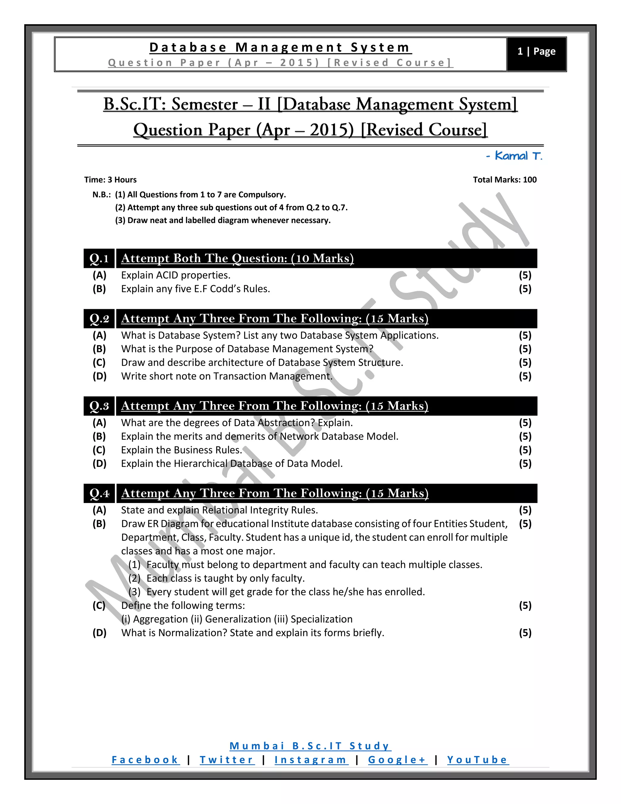 [Question Paper] Database Management Systems (Revised Course) [April / 2015] | PDF