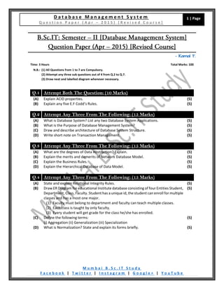 [Question Paper] Database Management Systems (Revised Course) [April / 2015] | PDF