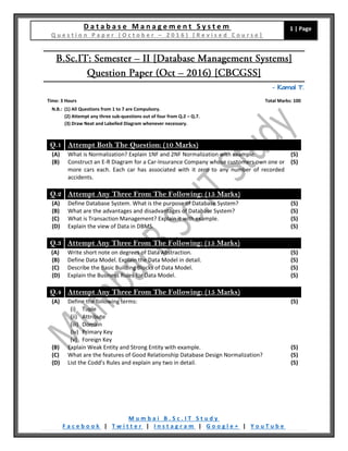 [Question Paper] Database Management Systems (Revised Course) [October / 2016] | PDF