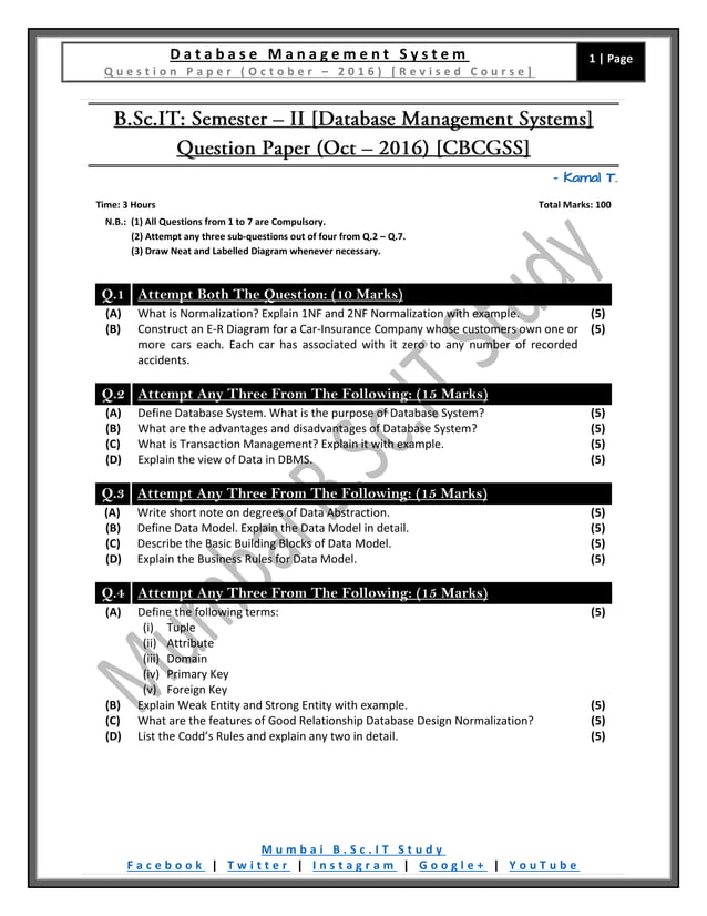 [Question Paper] Database Management Systems (Revised Course) [October / 2016] | PDF