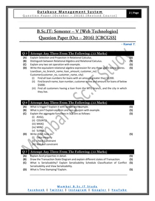 [Question Paper] Database Management Systems (Revised Course) [October / 2016] | PDF