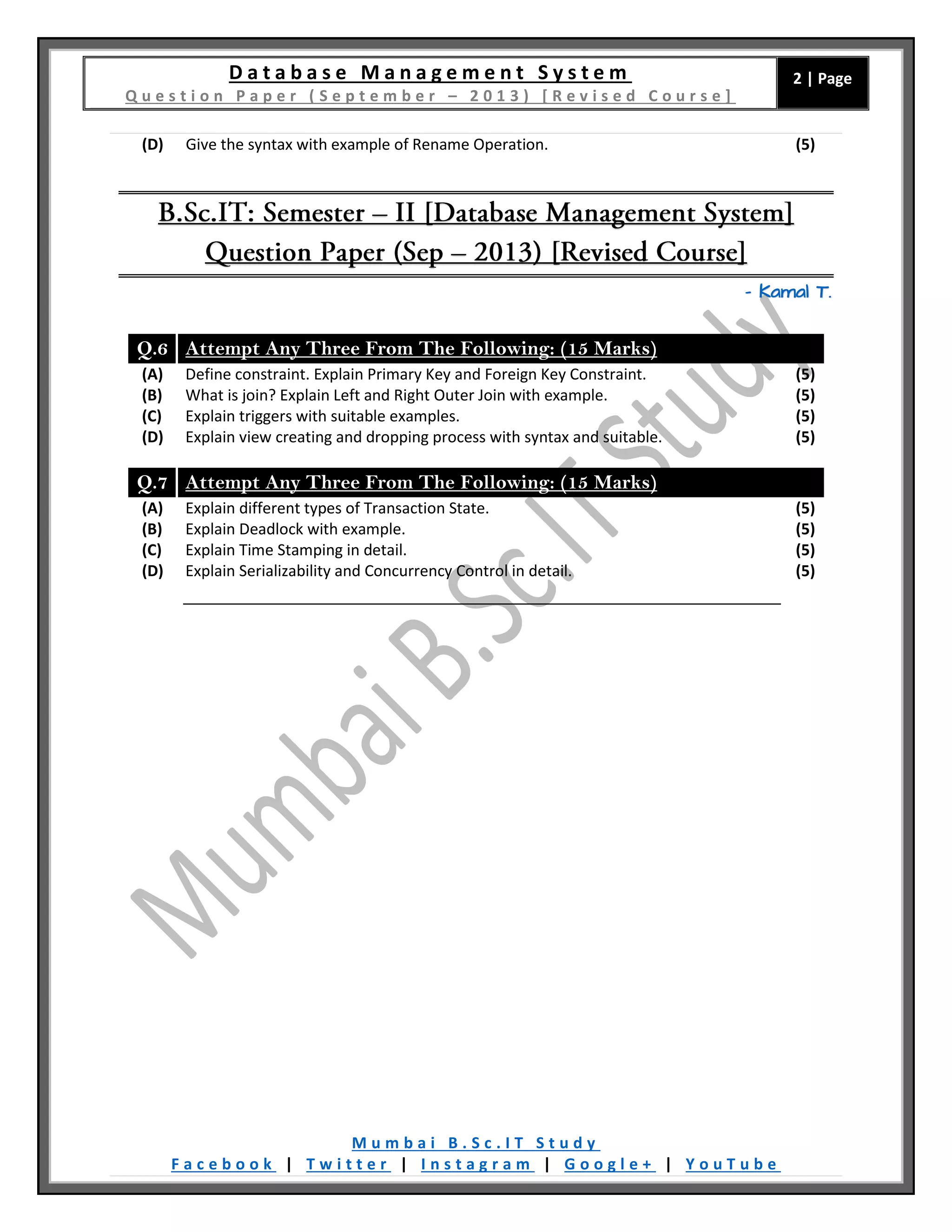 [Question Paper] Database Management Systems (Revised Course ...