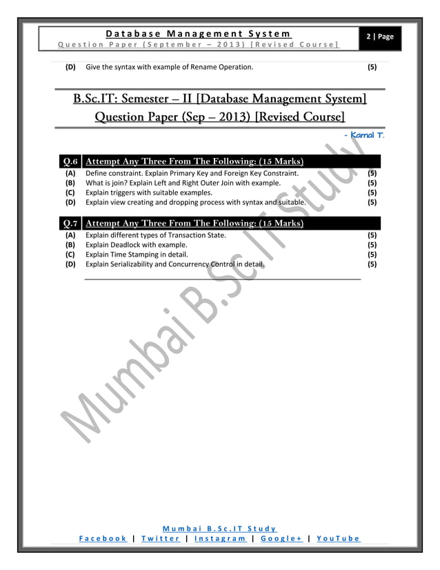 [Question Paper] Database Management Systems (Revised Course) [September / 2013] | PDF