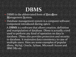 Dbms and rdbms ppt | PPTX