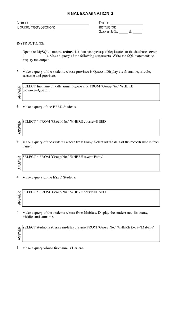 Dbms Final Examination Answer Key | XLS | Databases | Computer Software and Applications