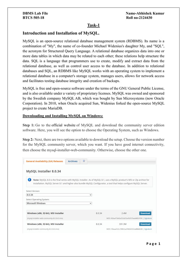 DBMS LAB FILE1 task 1 , task 2, task3 and many more.pdf | Databases | Computer Software and ...
