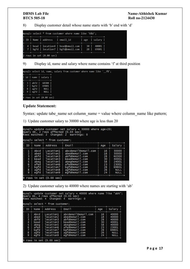 DBMS LAB FILE1 task 1 , task 2, task3 and many more.pdf | Databases | Computer Software and ...