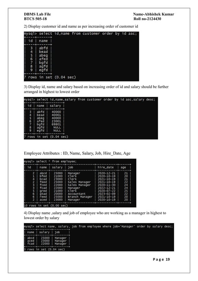 DBMS LAB FILE1 task 1 , task 2, task3 and many more.pdf | Databases | Computer Software and ...
