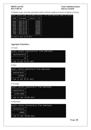 DBMS LAB FILE1 task 1 , task 2, task3 and many more.pdf | Databases | Computer Software and ...