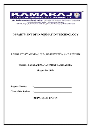 Dbms lab manual | PDF