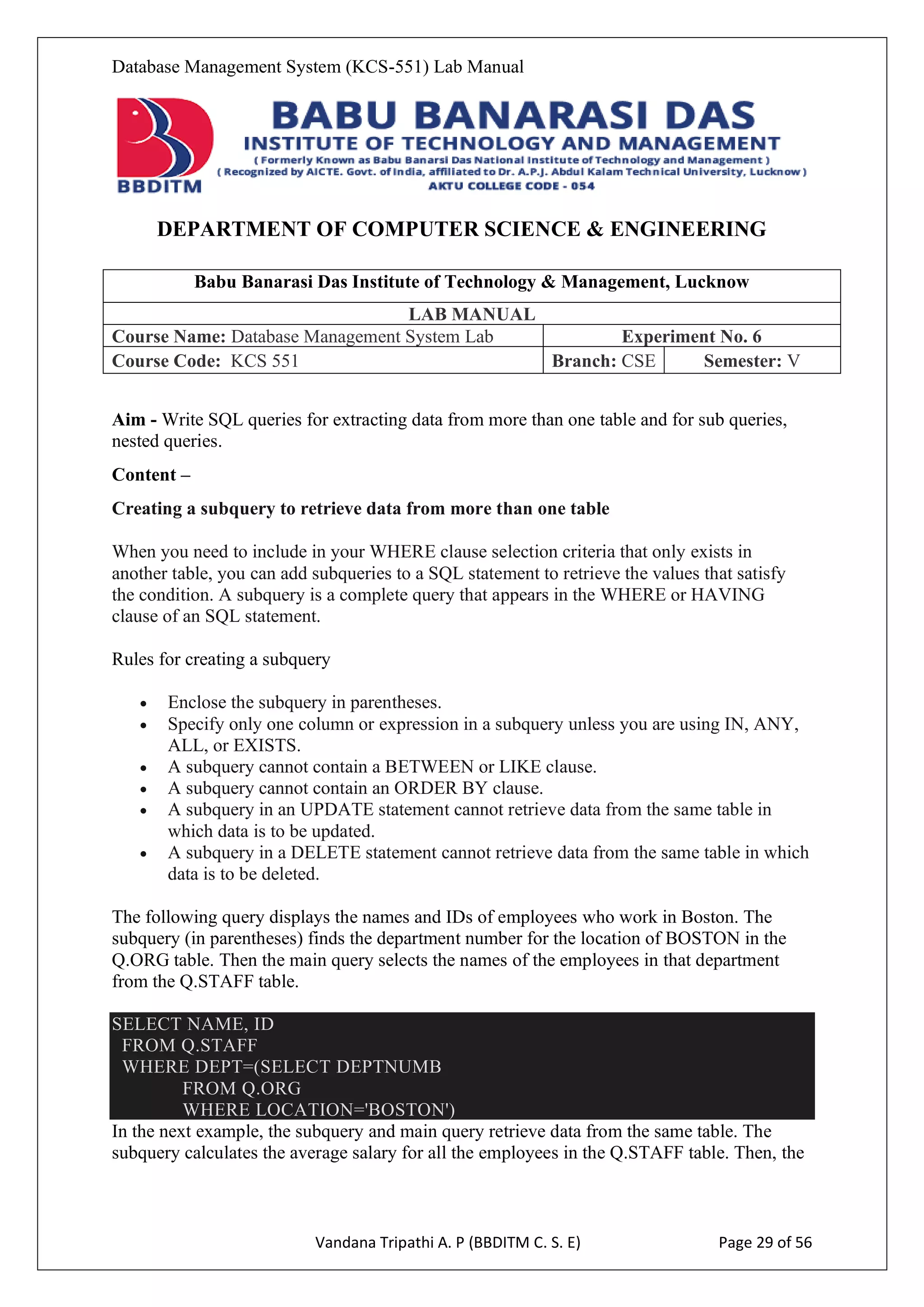 Data base management system LAB MANUAL KCS 551.pdf